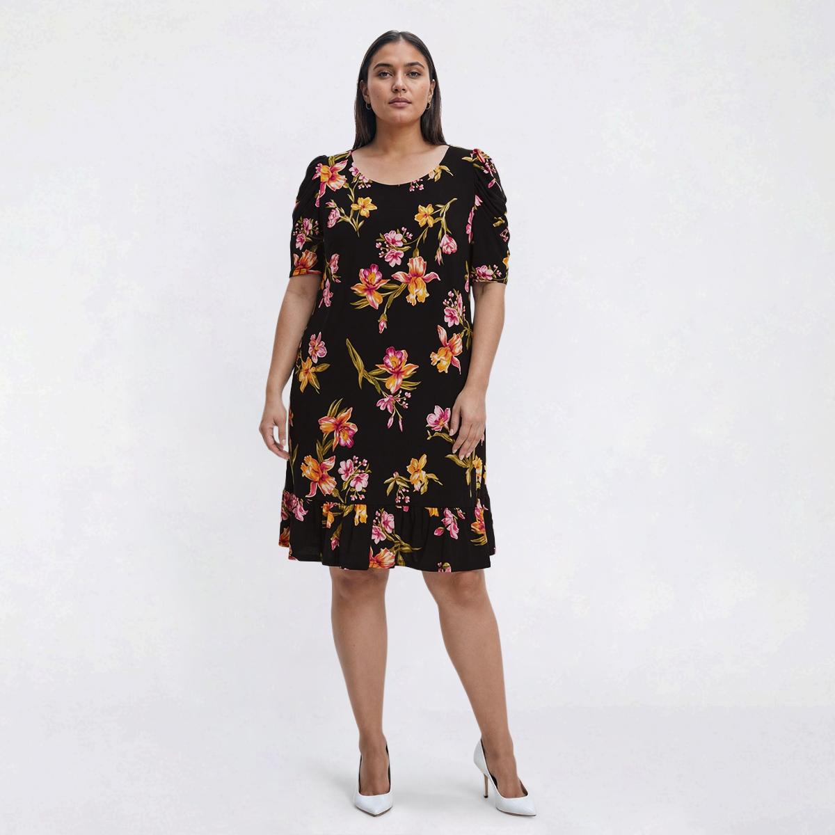 Click here for Plus Size MSK Puff Sleeve Floral Ruffle Hem Shift... prices